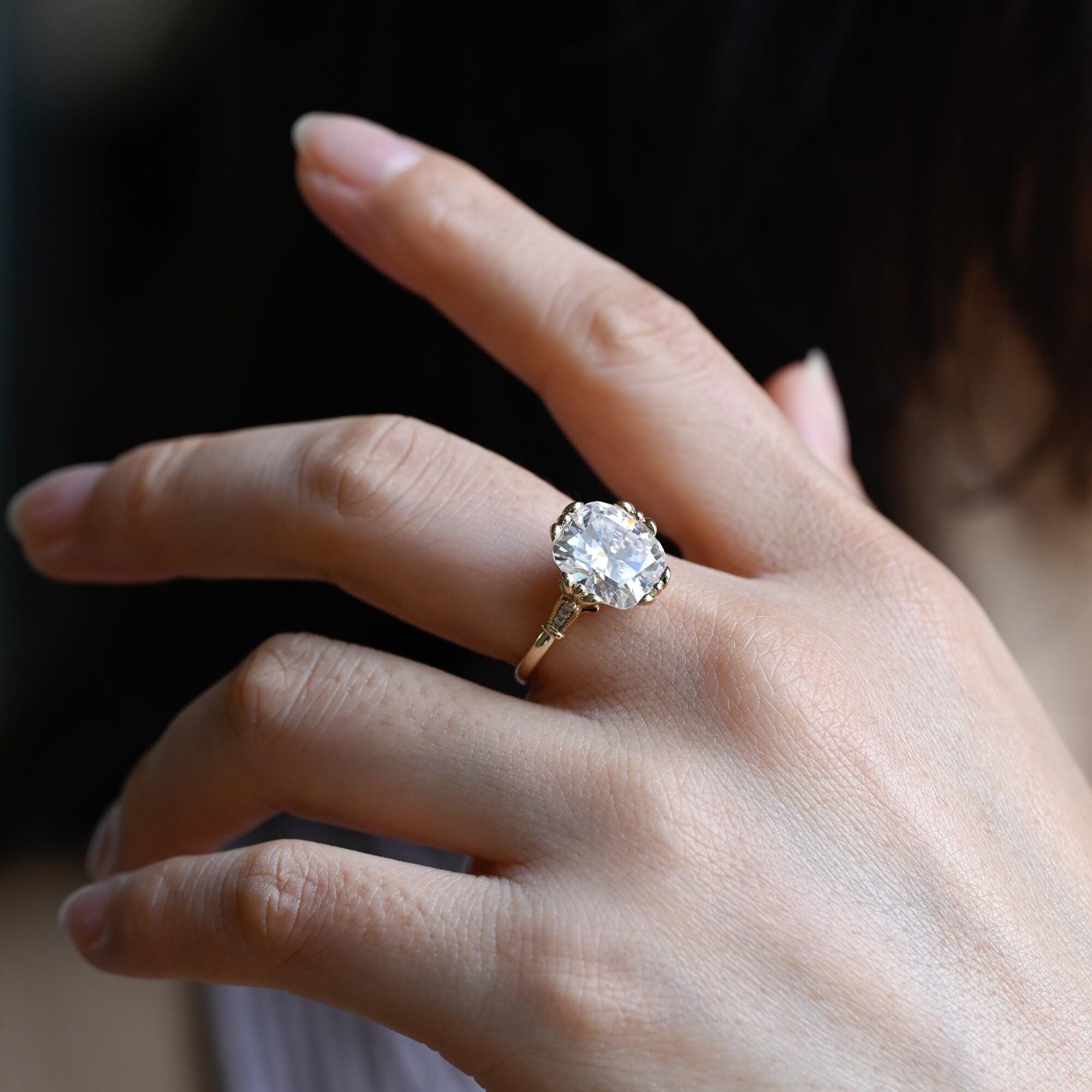 Solid Gold Old Mine Elongated Cushion Moissanite Engagement Ring ...