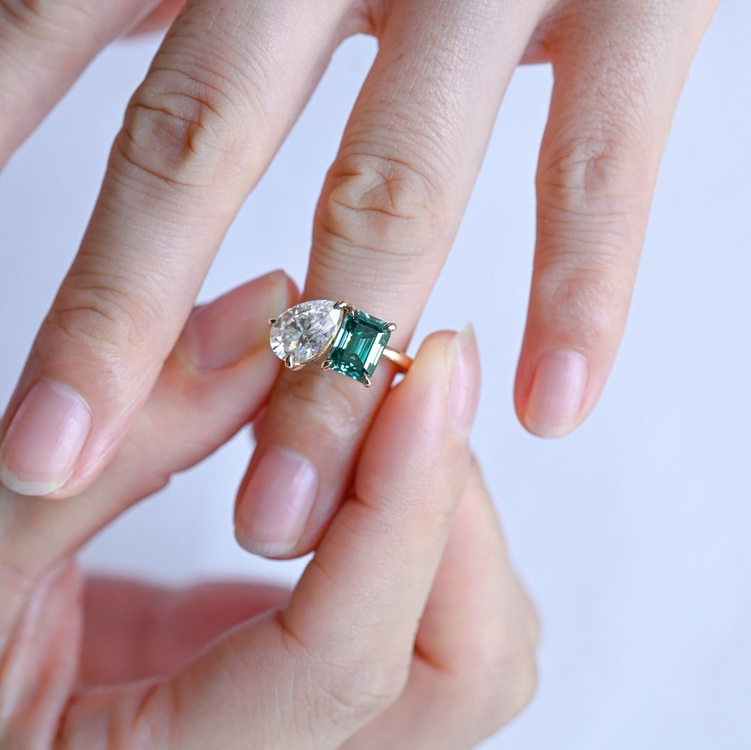 Solid Gold Pear Cut & Light Blue Emerald Cut Moissanite Engagement Ring ...