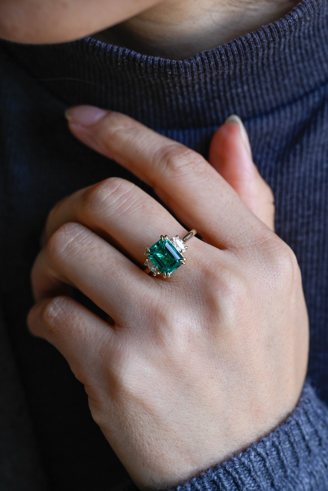 Solid Gold Emerald & Trapezoid Cut Moissanite Wedding Band, Engagement ...