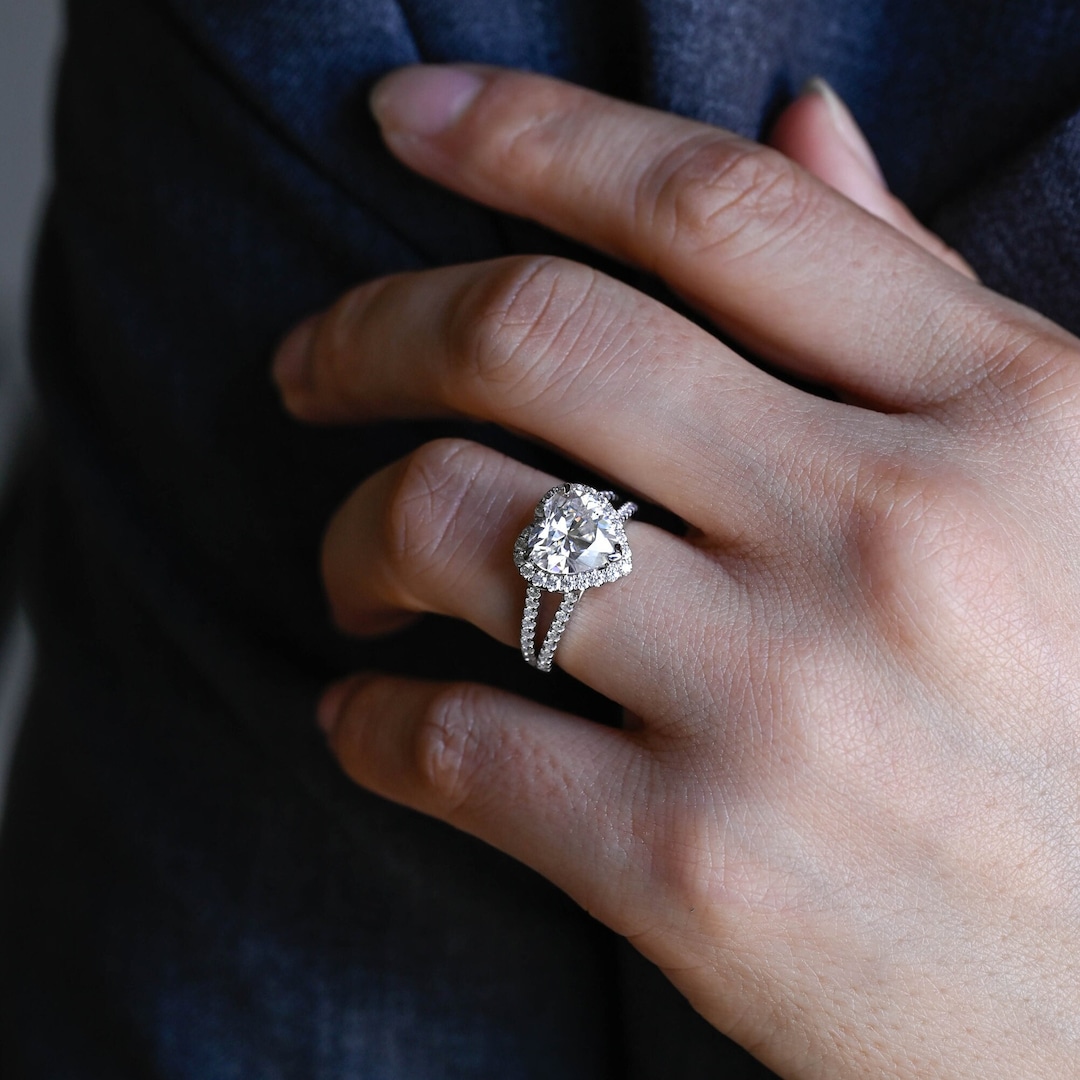 Solid Gold Heart Cut Moissanite Engagement Ring, Split Shank Wedding ...