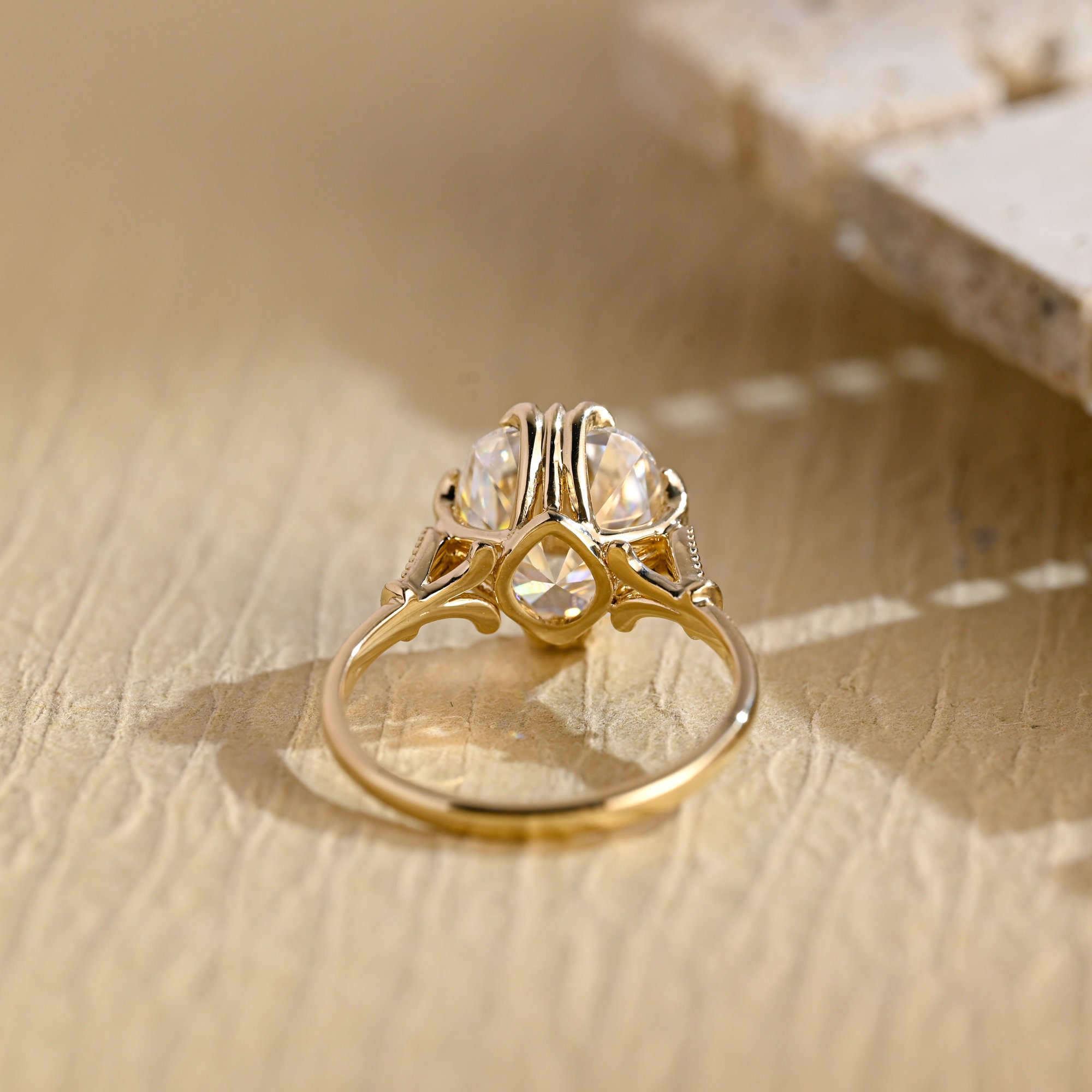 Solid Gold Old Mine Elongated Cushion Moissanite Engagement Ring ...