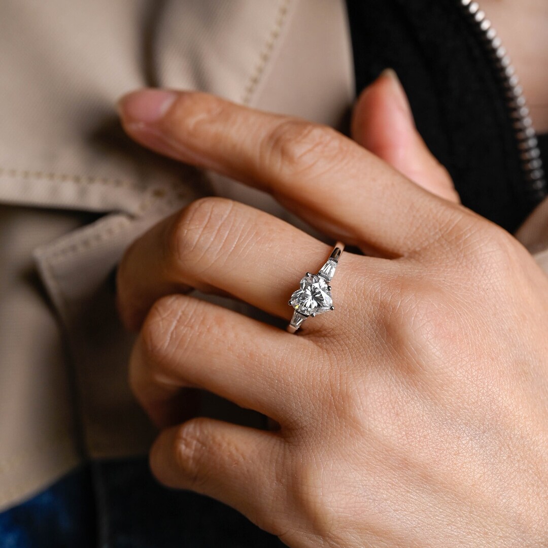 Solid Gold Heart Moissanite Engagement Ring, Three Stones Wedding Ring ...
