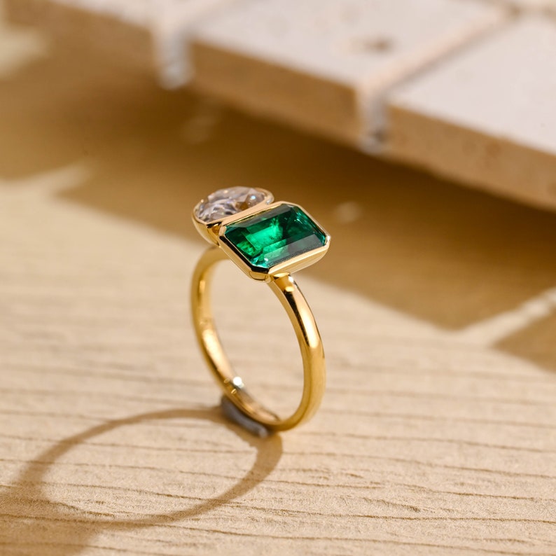 Anello di fidanzamento Toi et Moi in oro massiccio con moissanite a ...