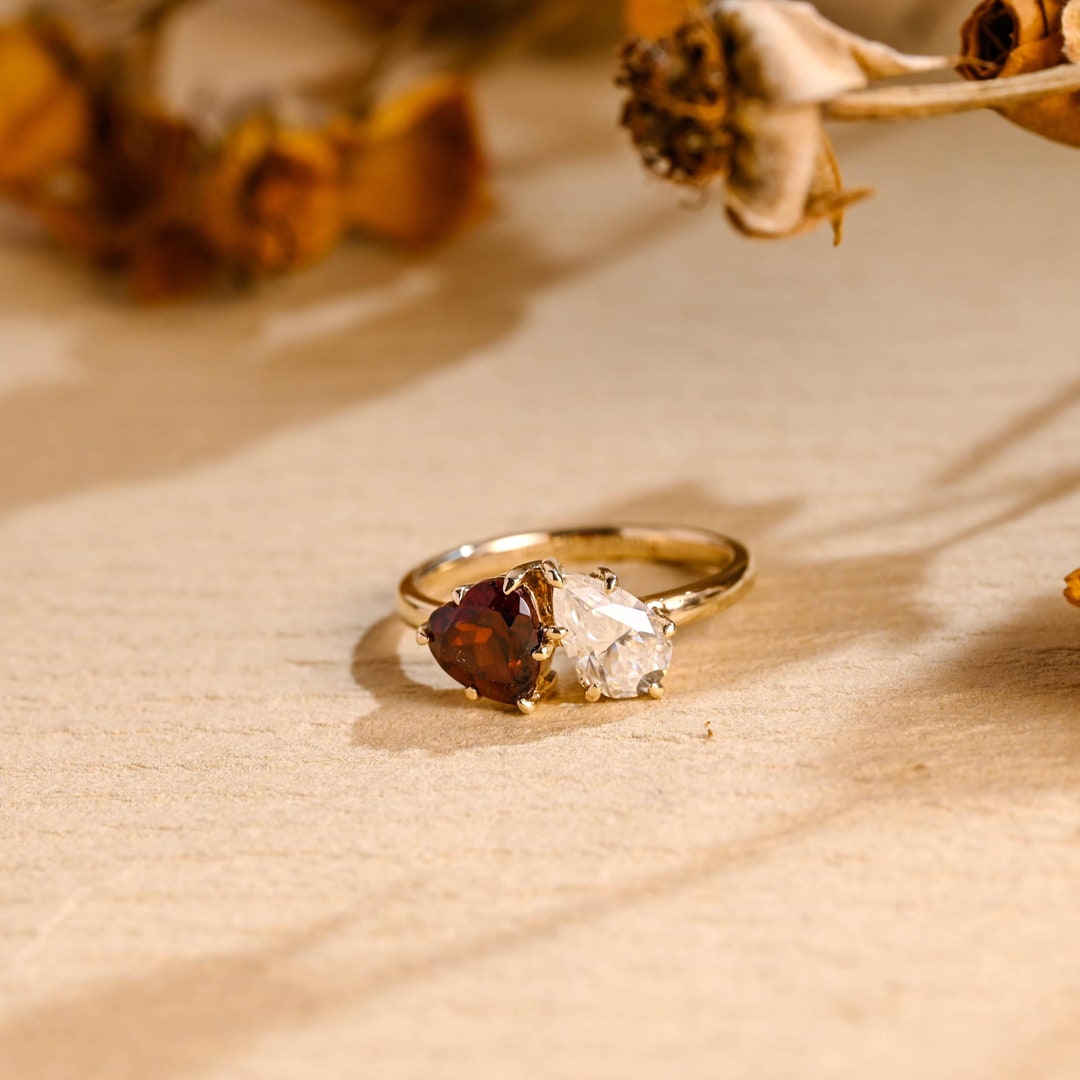 Solid Gold Toi Et Moi Heart Cut Lab Grown Garnet & Pear Moissanite ...