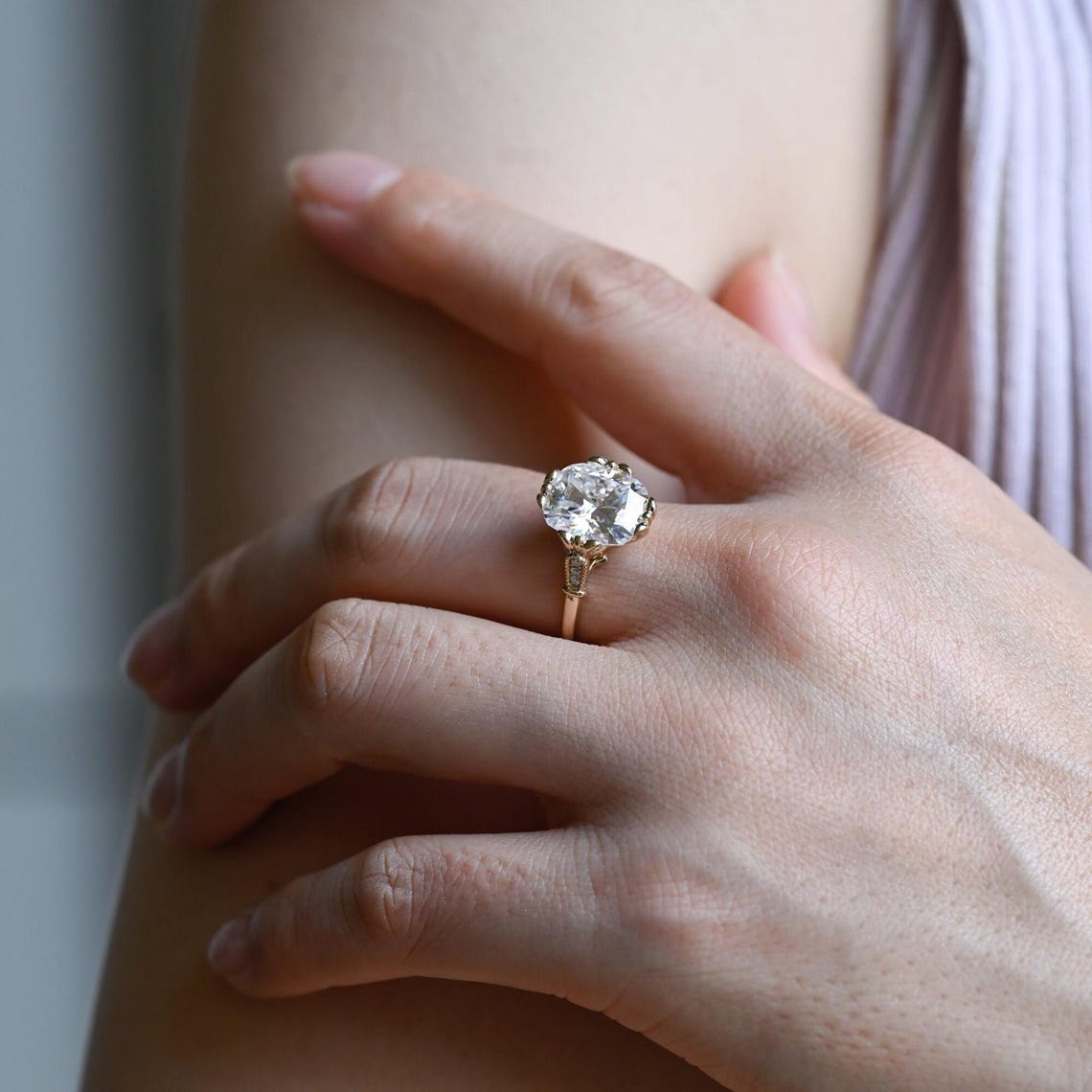 Solid Gold Old Mine Elongated Cushion Moissanite Engagement Ring ...