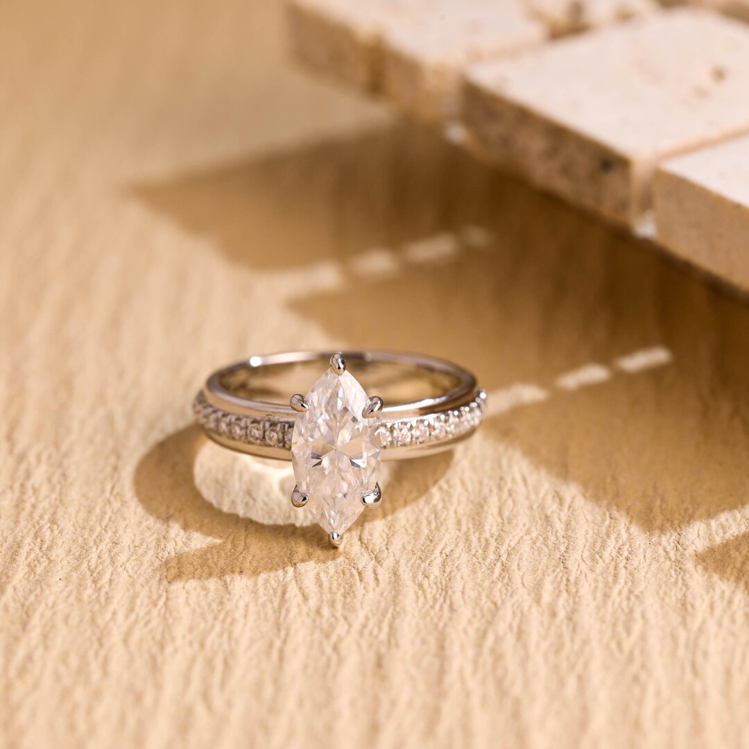 Solid Gold Marquise Moissanite Engagement Ring, 4mm Width Band, Chic ...