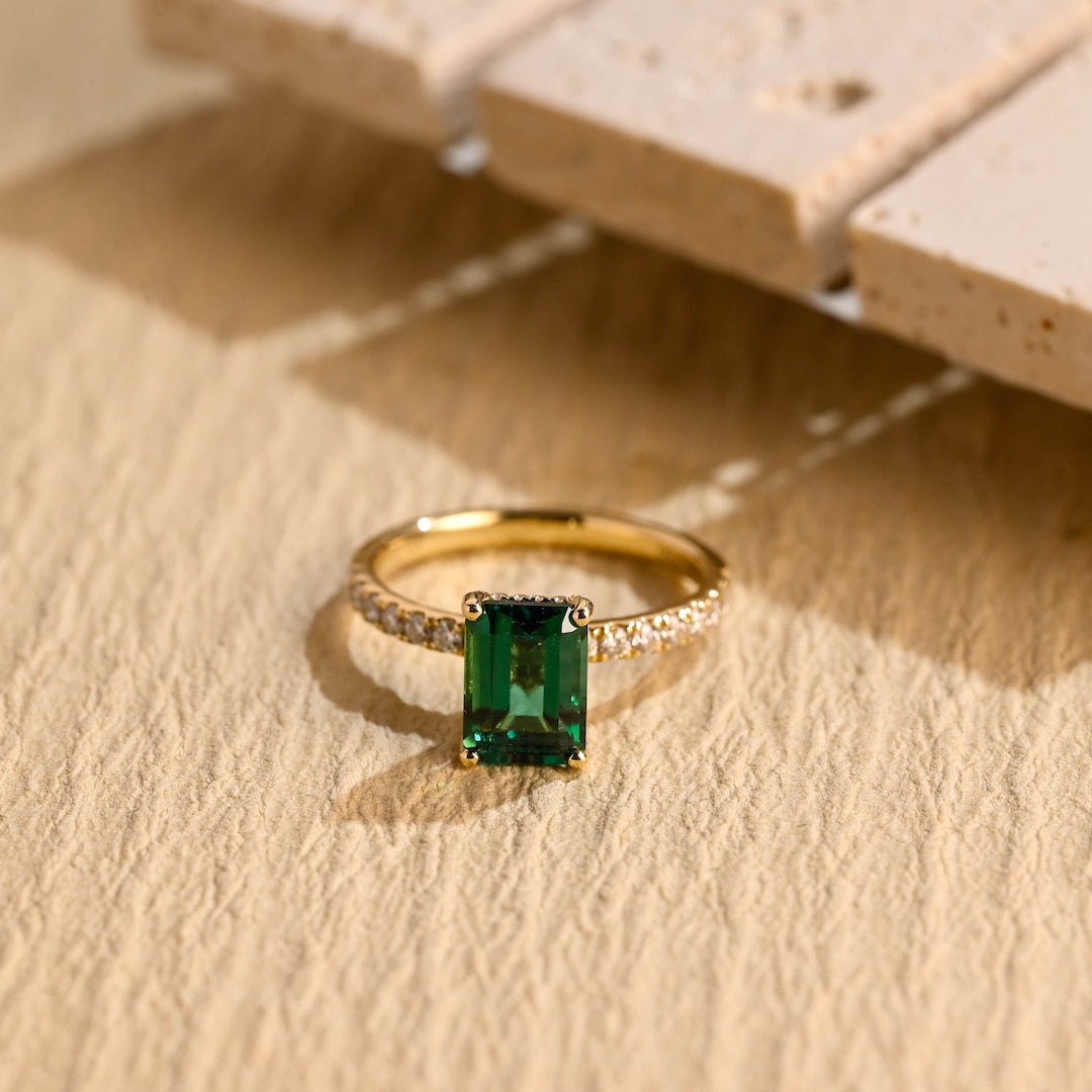 Solid Gold Emerald Cut Lab Grown Emerald Engagement Ring - Etsy