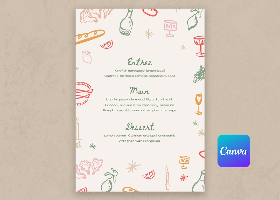 Hens Party Wedding Italy Menu Template Editable on Canva - Italian Wavy ...