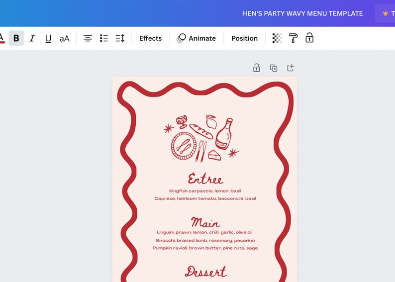 Hens Party Italy Menu Template Editable on Canva - Italian Wavy Trendy ...