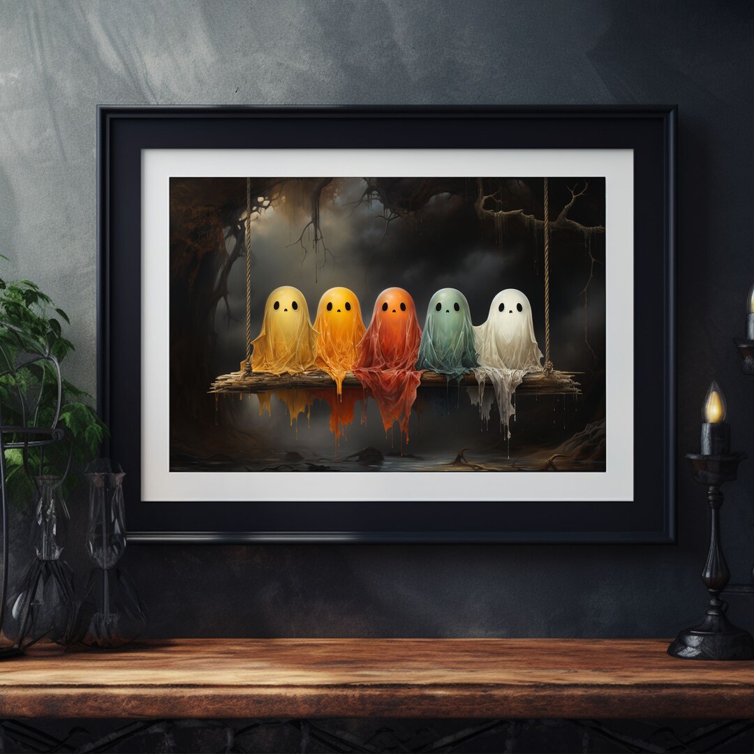 Cute Ghosts on a Swing Print Spooky Halloween Wall Art Ghost Picture ...