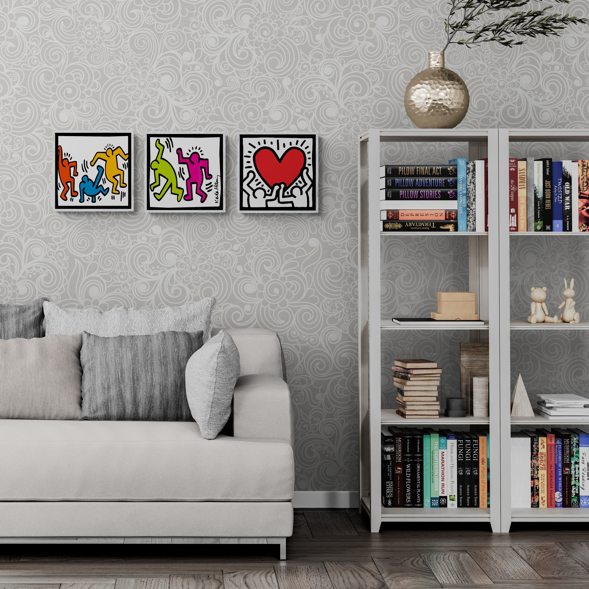 Paintings 3 Pieces Keith Haring 30 Cm Print on Panel With White Wooden ...