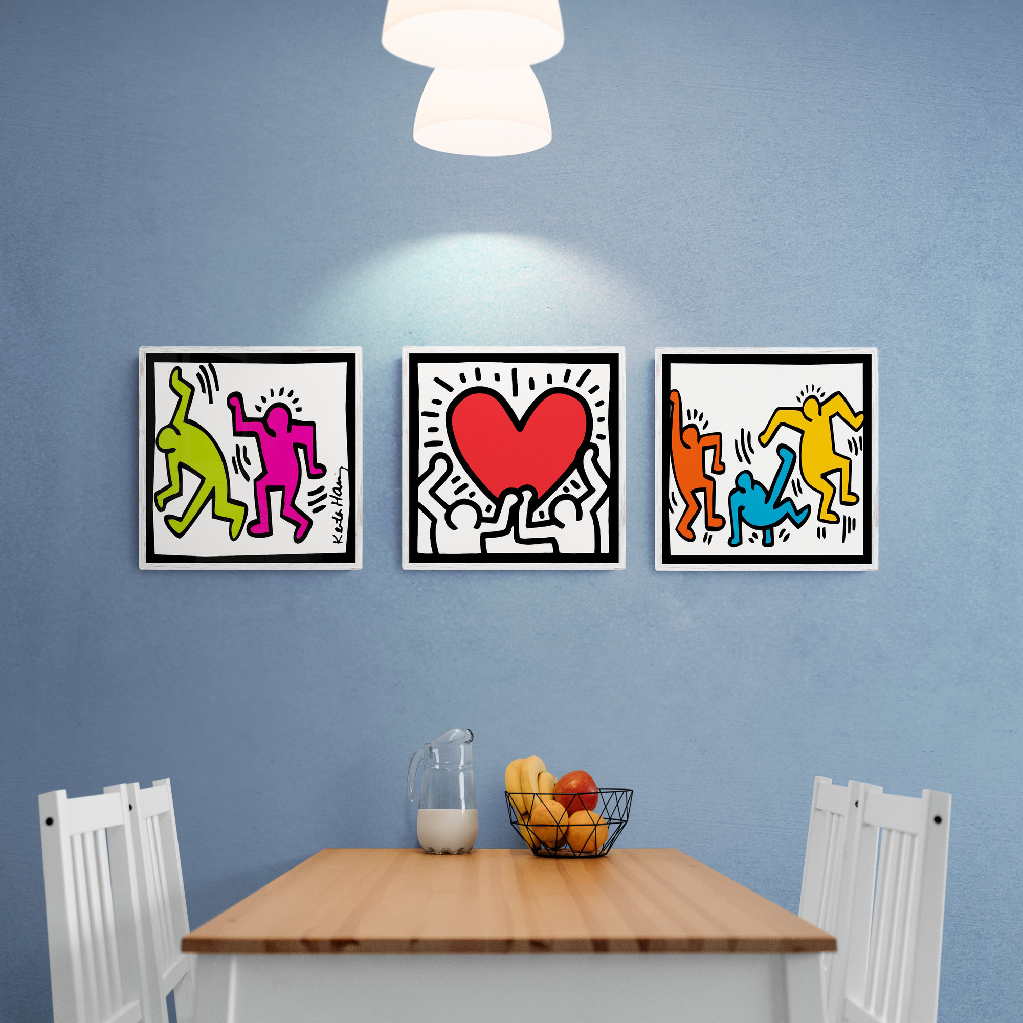 Paintings 3 Pieces Keith Haring 30 Cm Print on Panel With White Wooden ...