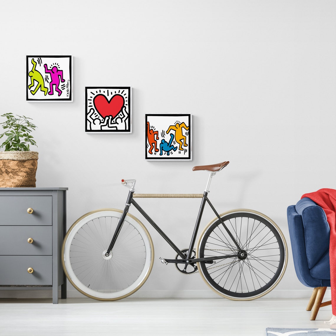 Paintings 3 Pieces Keith Haring 30 Cm Print on Panel With White Wooden ...