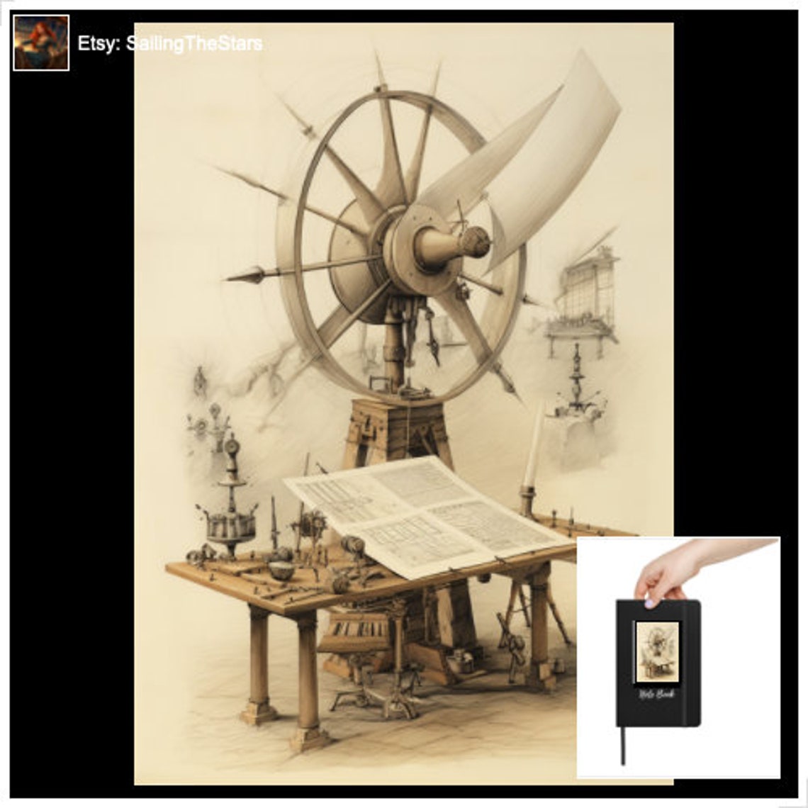 Notebook Sketchbook Leonardo Da Vinci's Wind Turbine Design 2 A5 Blank ...