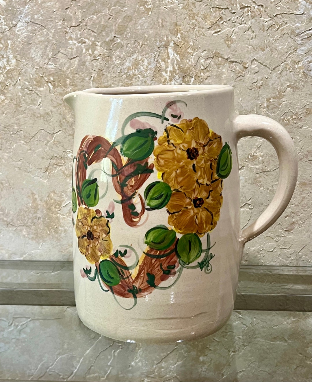 Pitcher With Hand Painted Flowers in Heart Shape. Hand Made in USA ...