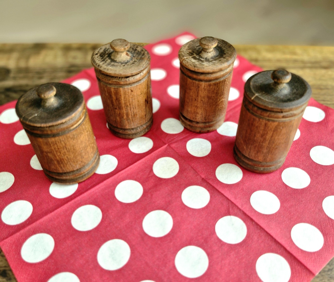 Vintage Wooden Spice Jar Set (4 Pcs) – 1960s Handmade Antique Kitchen ...
