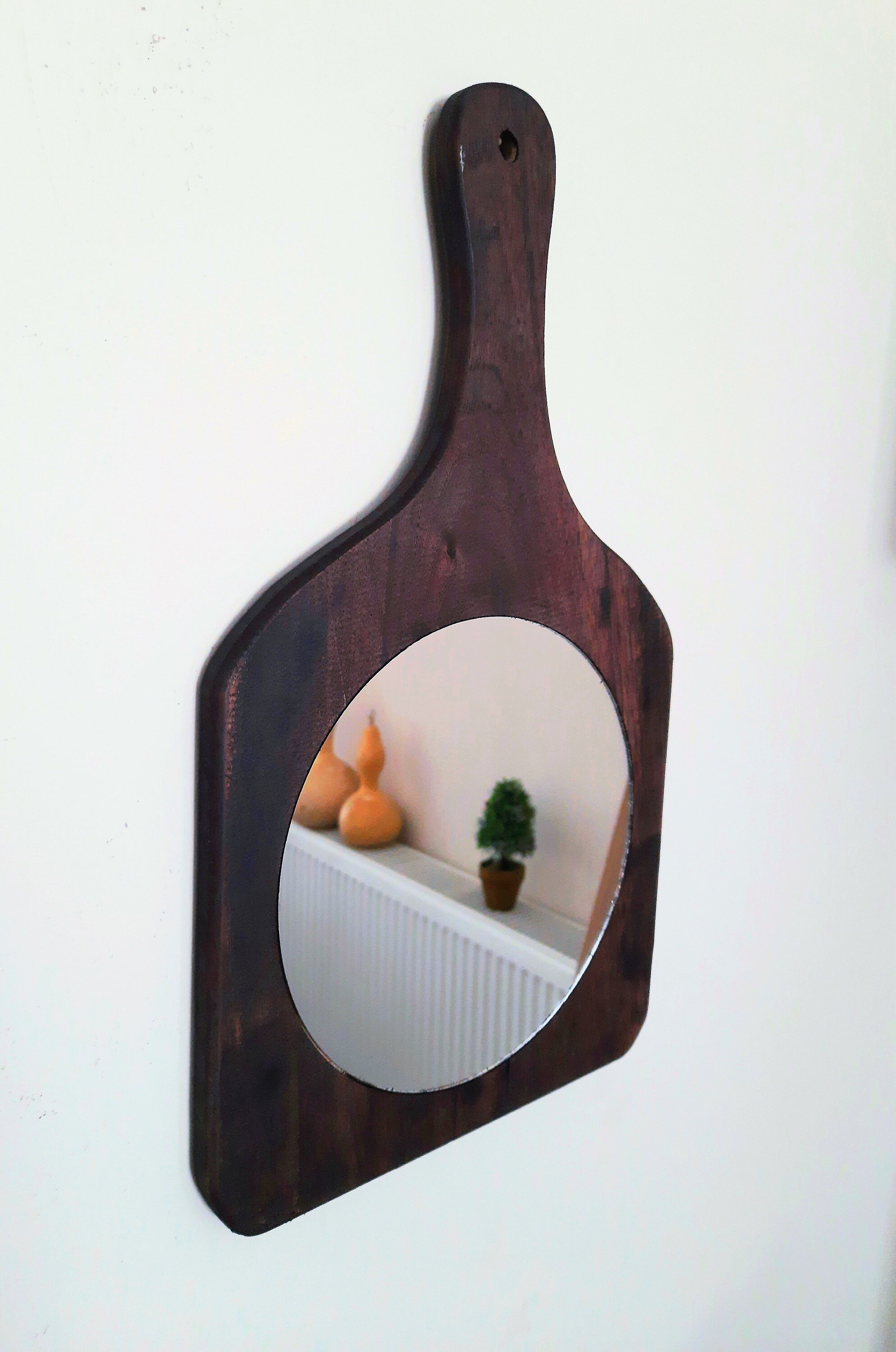 Square Wooden Frame Round Mirror Wall Hanging Chestnut Wooden Mirror ...