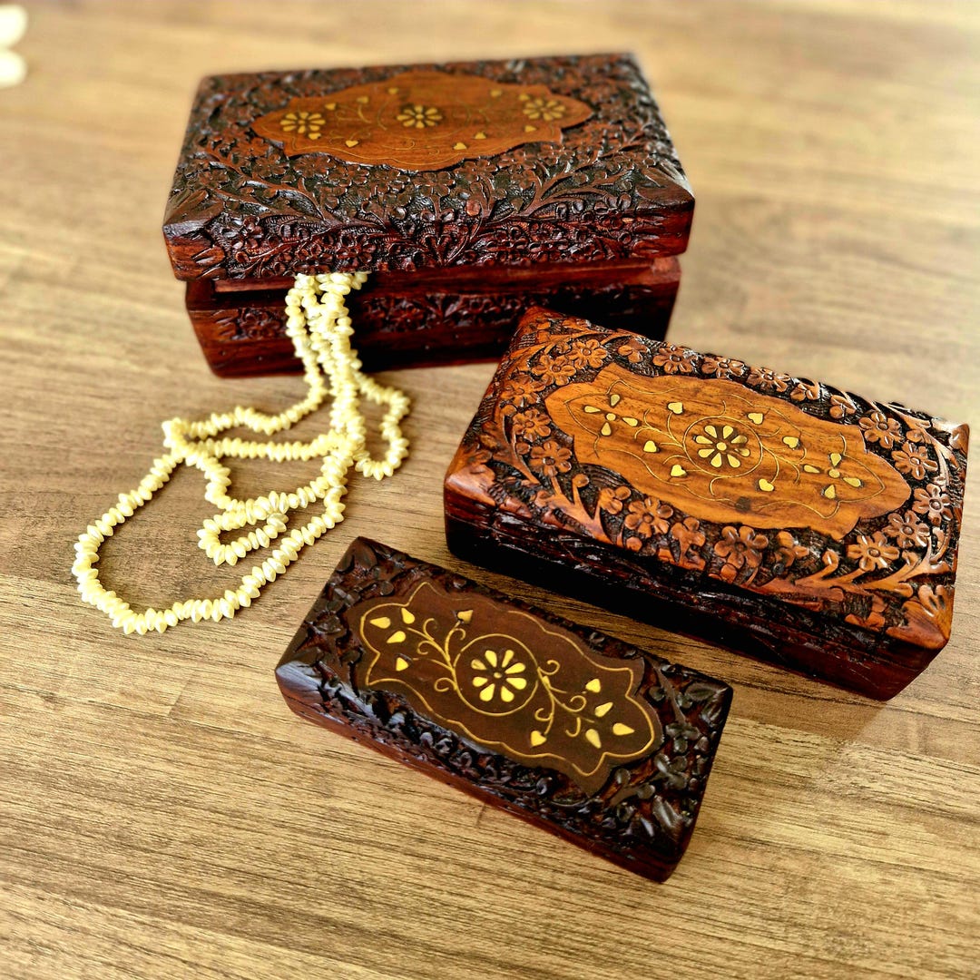 80s Set of 3 Antique Wooden Boxes – Hand Carved With Brass Inlay ...