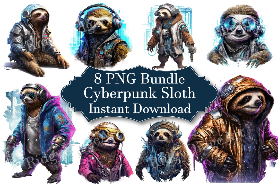 Cyberpunk Sloth | 8 PNG Bundle | Clipart | Digital Download | Scrapbook ...