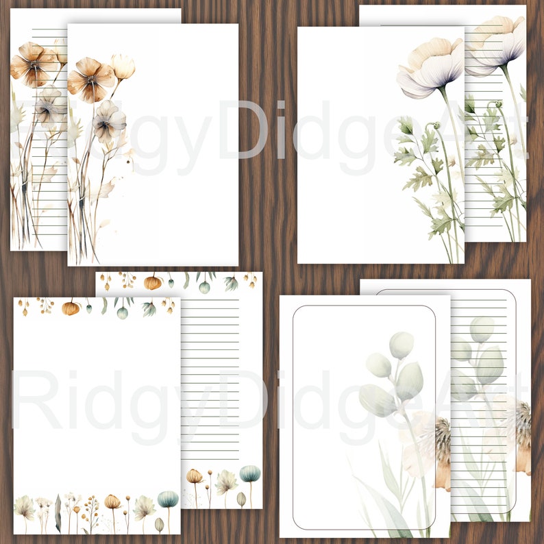 Watercolour Dried Flowers Printable Note Paper, Stationery Writing Set, Instant Download ...