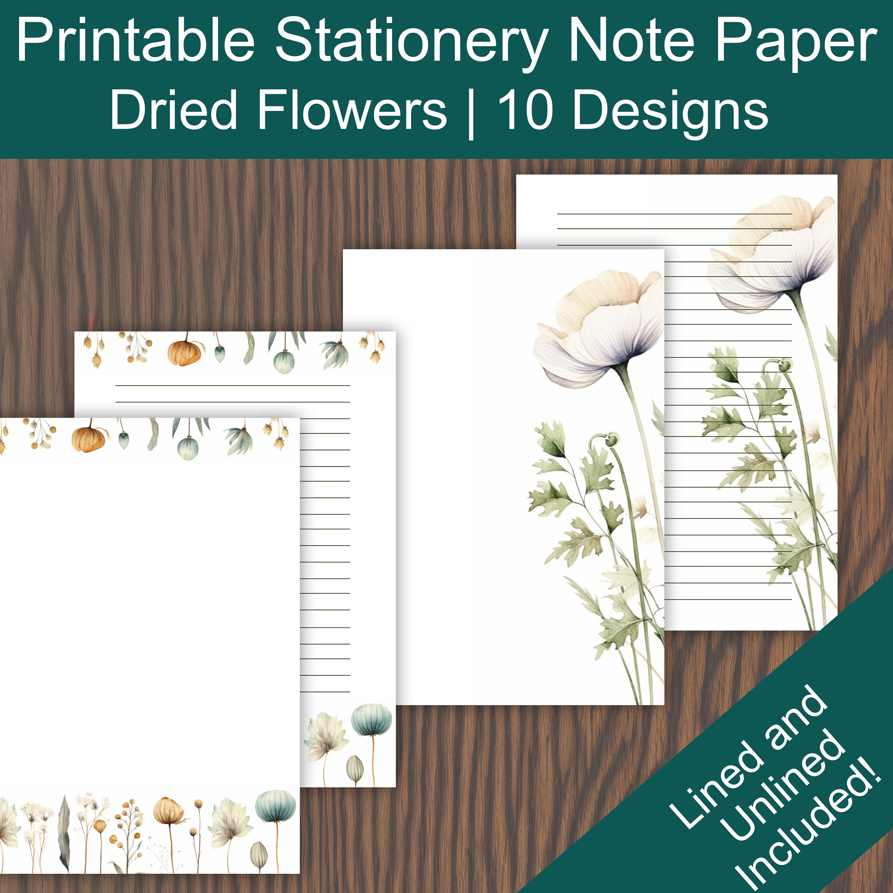 Watercolour Dried Flowers Printable Note Paper, Stationery Writing Set, Instant Download ...