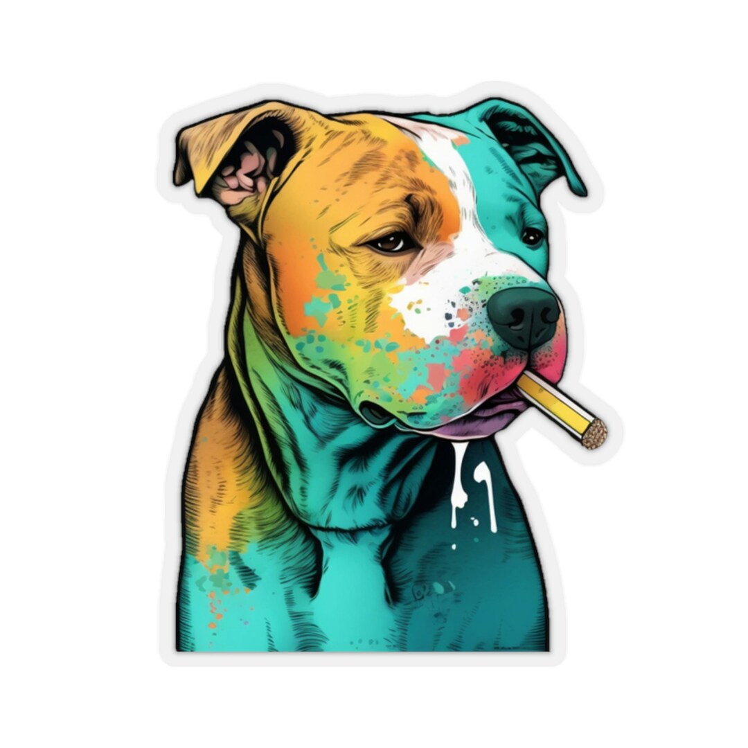 Colorful Pitbull Smoking Cigar, Kiss-cut Stickers, Pet Stickers, Laptop Sticker, Dog Sticker ...