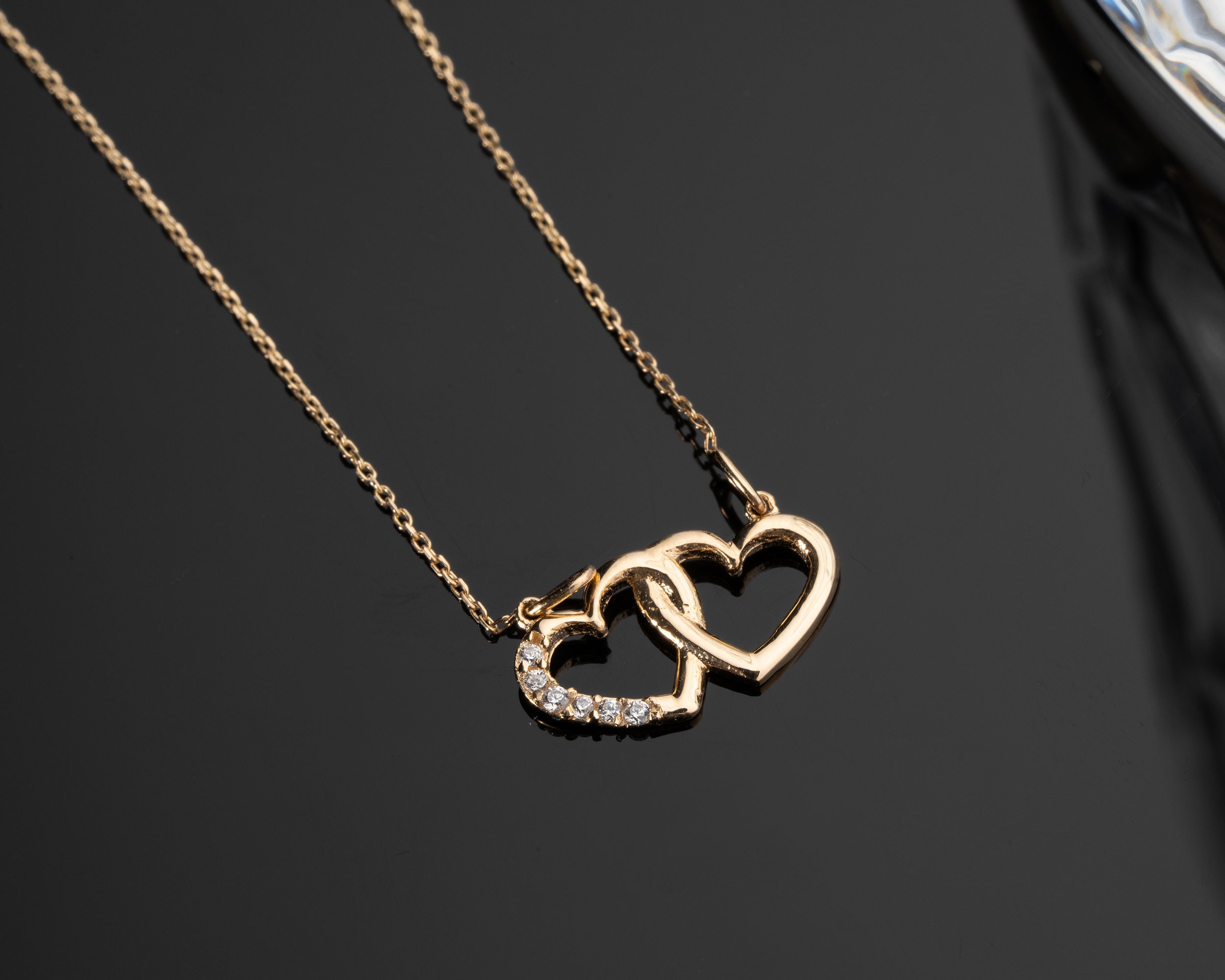 14K Solid Gold Interlocking Heart Neckace, Real Gold Lover Necklace ...