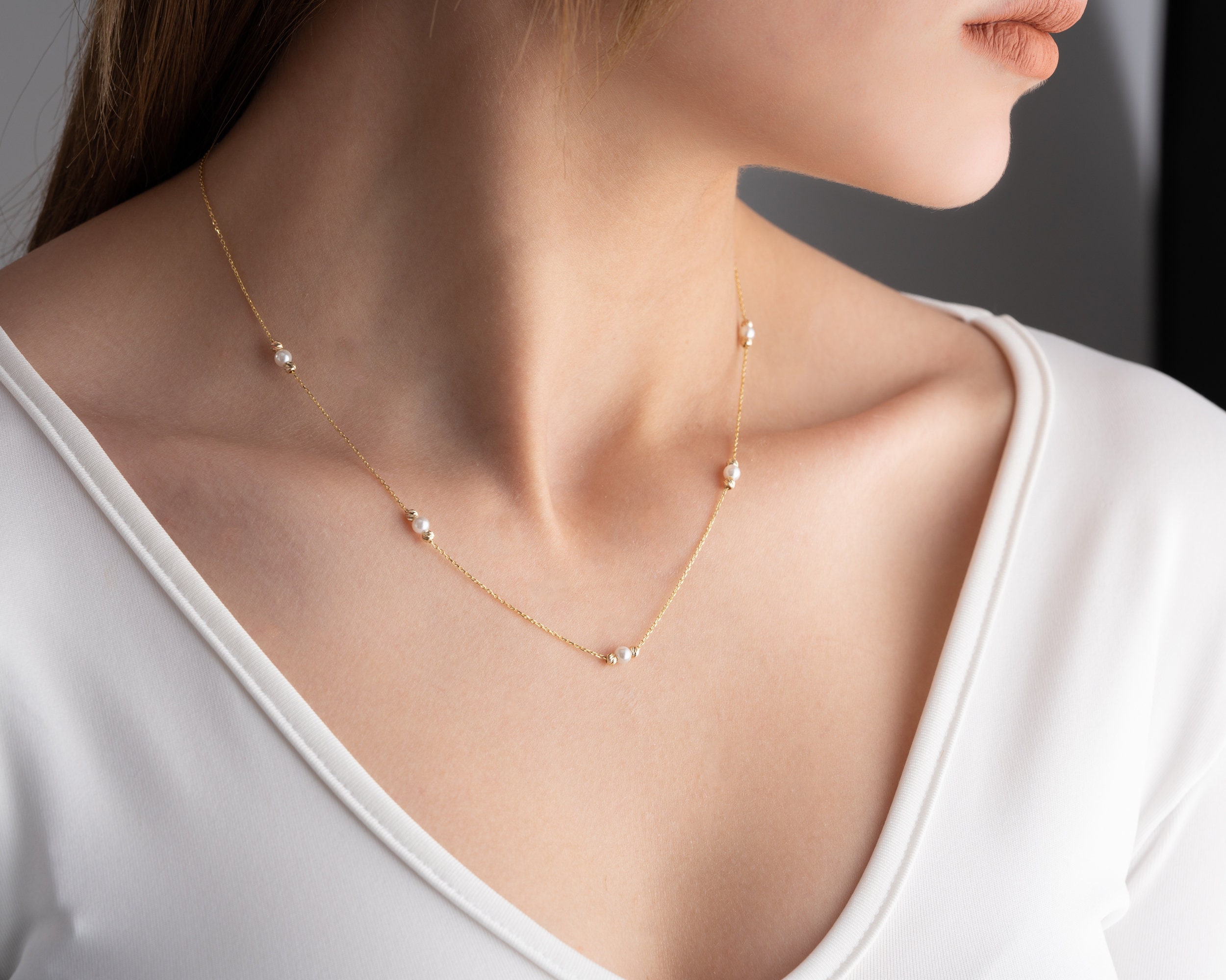 14K Solid Gold Pearl Bead Necklace, Real Gold Freshwater Pearl Necklace, Minimalist Wedding ...