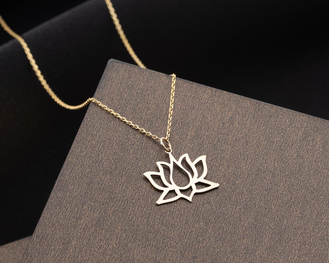 14K Solid Gold Lotus Flower Neckace, Real Gold Lotus Necklace, Dainty ...