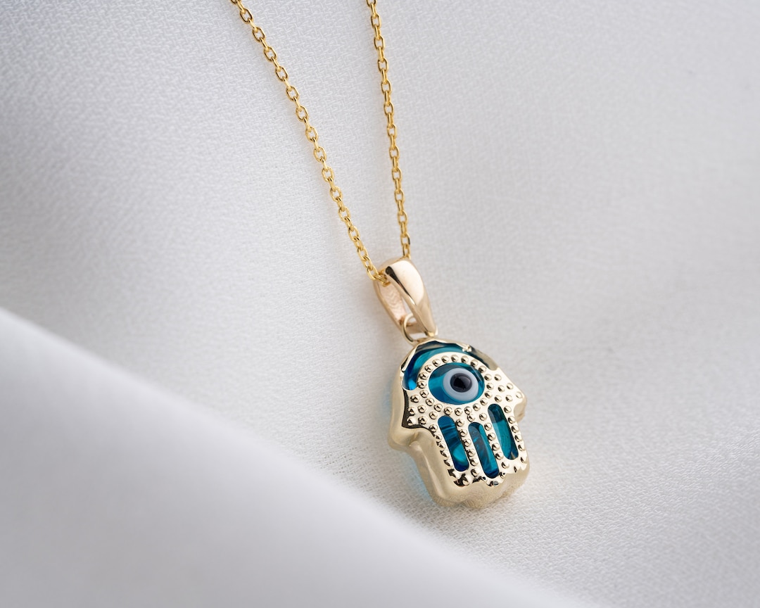 14K Solid Gold Hamsa Evil Eye Necklace, Hand of Fatima Evil Eye Pendant, Real Gold Evil Eye ...