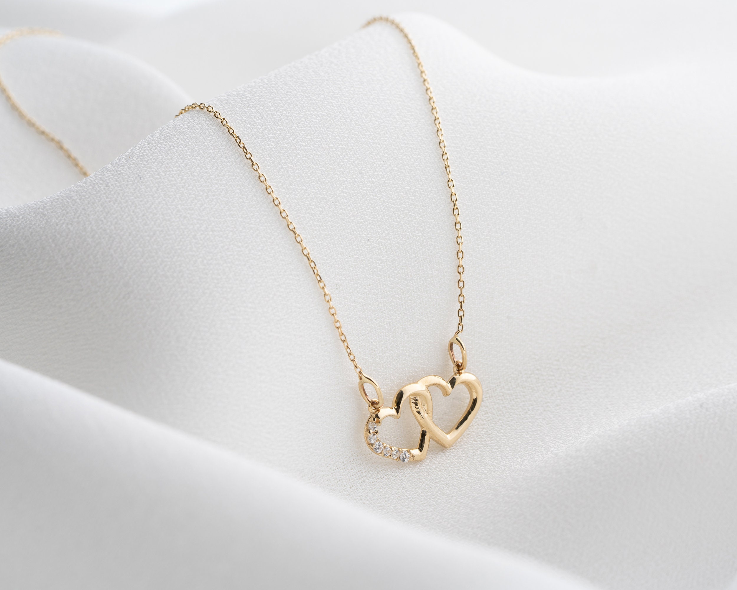 14K Solid Gold Interlocking Heart Neckace, Real Gold Lover Necklace, Real Gold Double Heart ...