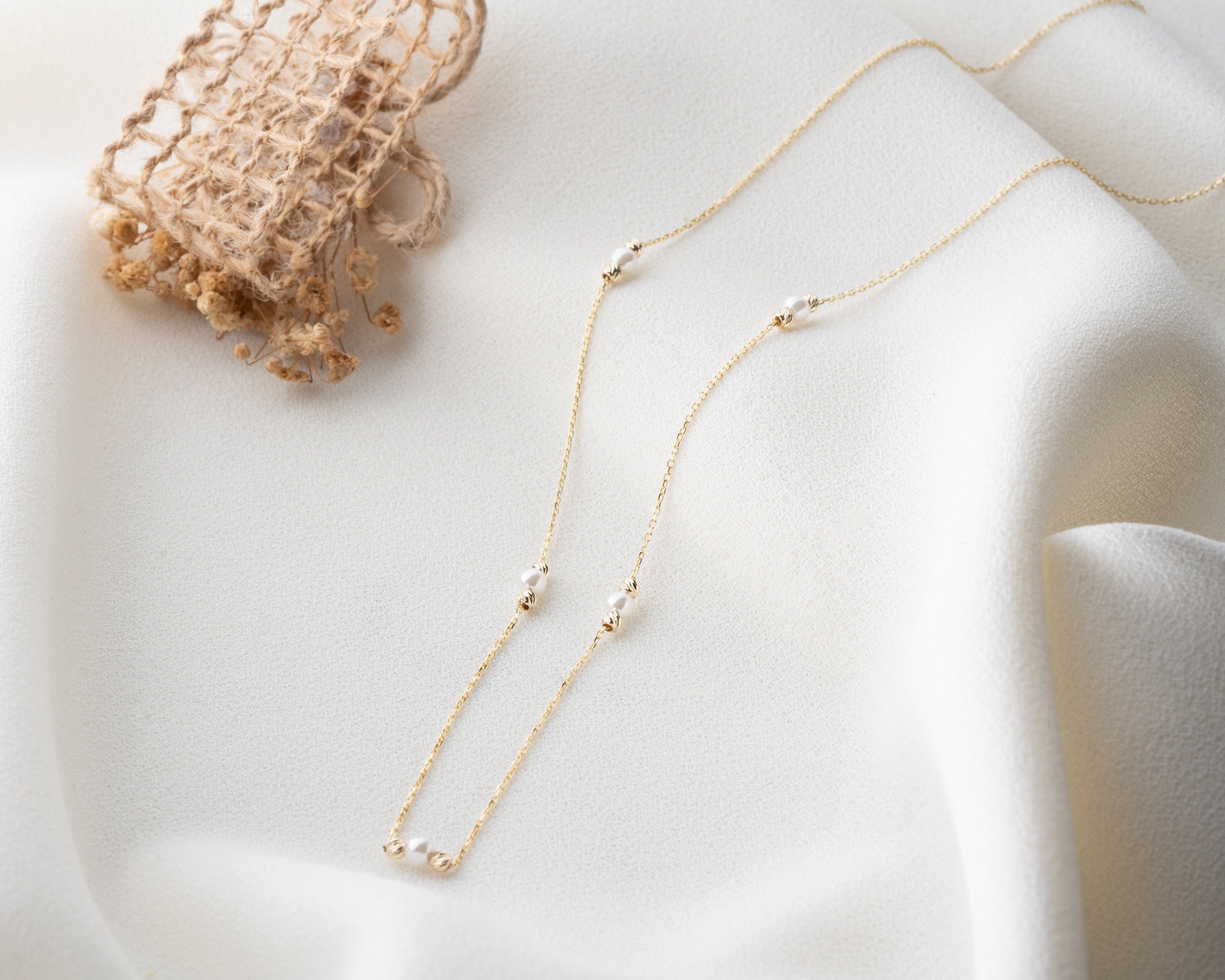 14K Solid Gold Pearl Bead Necklace, Real Gold Freshwater Pearl Necklace, Minimalist Wedding ...