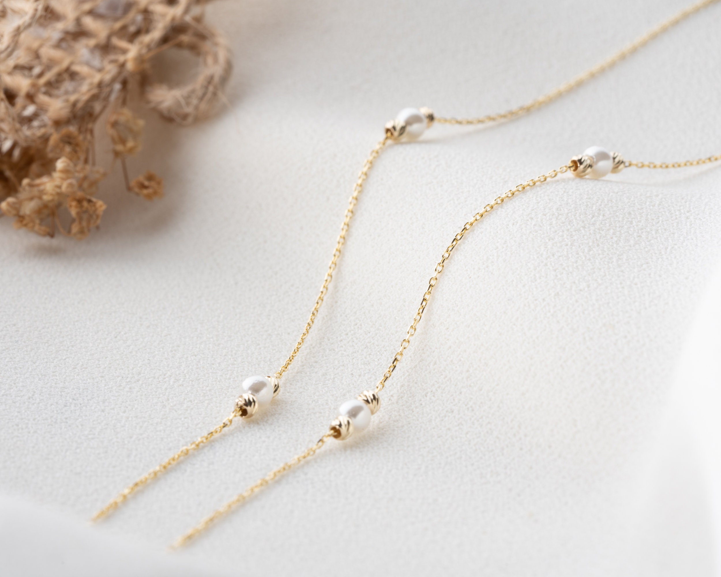 14K Solid Gold Pearl Bead Necklace, Real Gold Freshwater Pearl Necklace, Minimalist Wedding ...