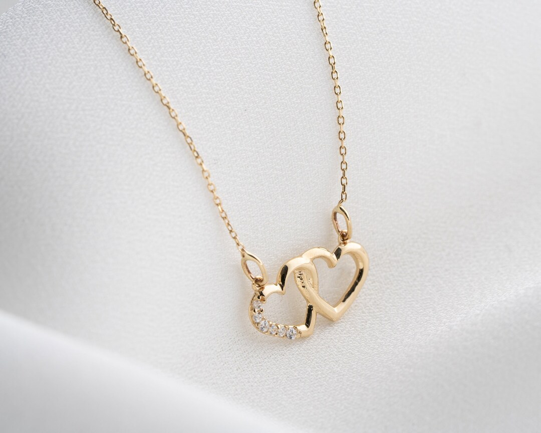 14K Solid Gold Interlocking Heart Neckace, Real Gold Lover Necklace, Real Gold Double Heart ...