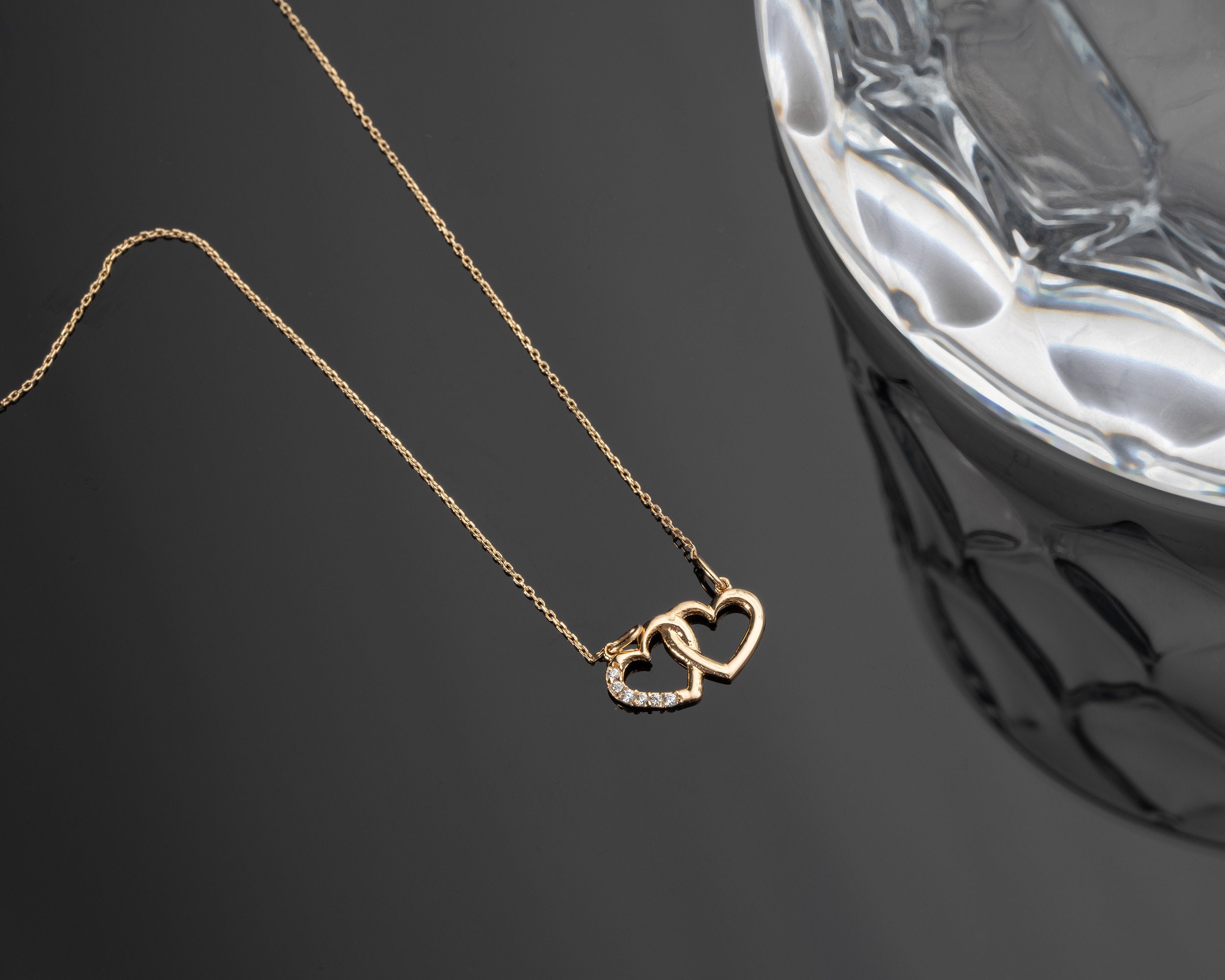 14K Solid Gold Double Heart Neckace, 14K Real Gold Love Necklace, 14K ...