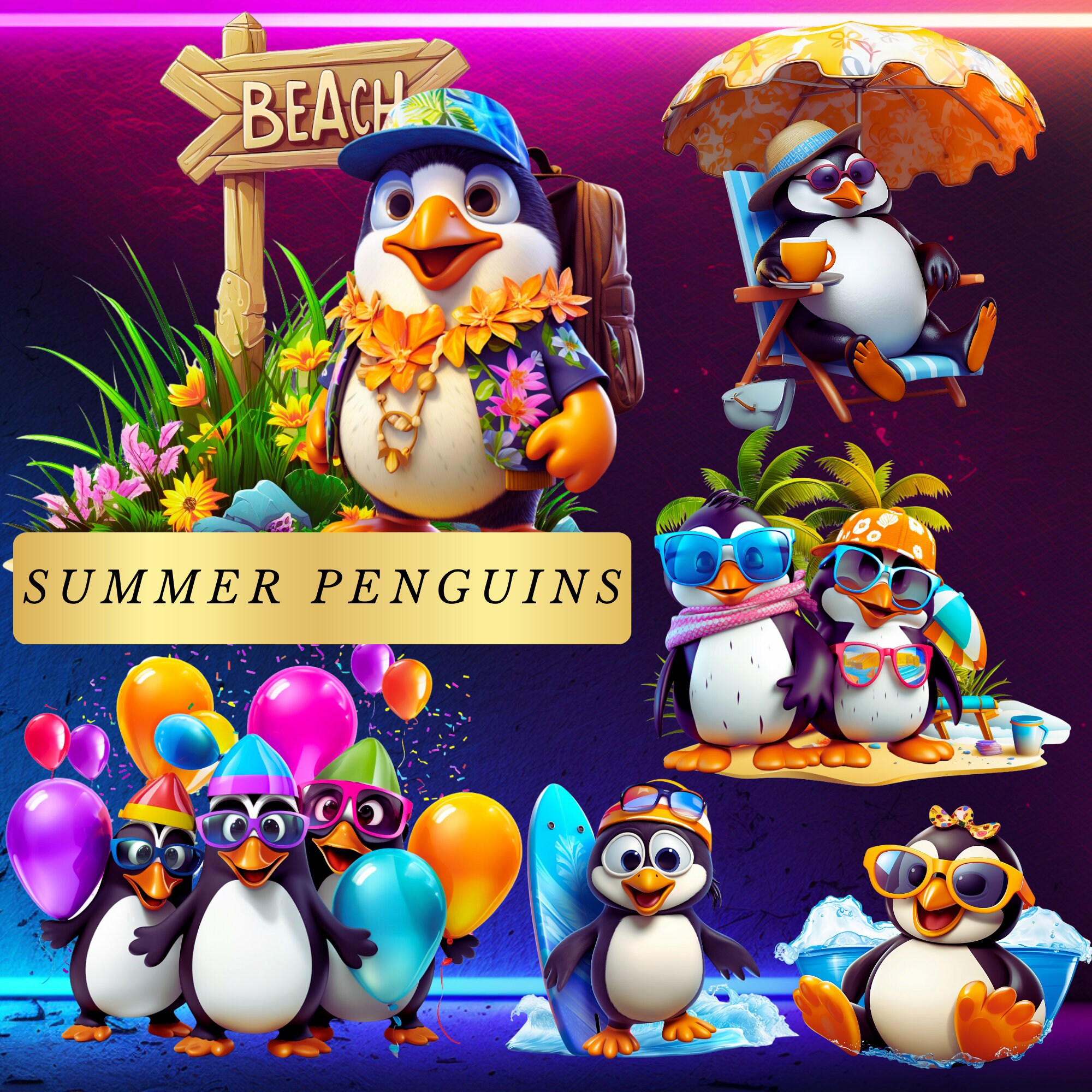 3D Summer Clipart Bundle-summer Vibes Png-cute Penguin Graphics for T ...