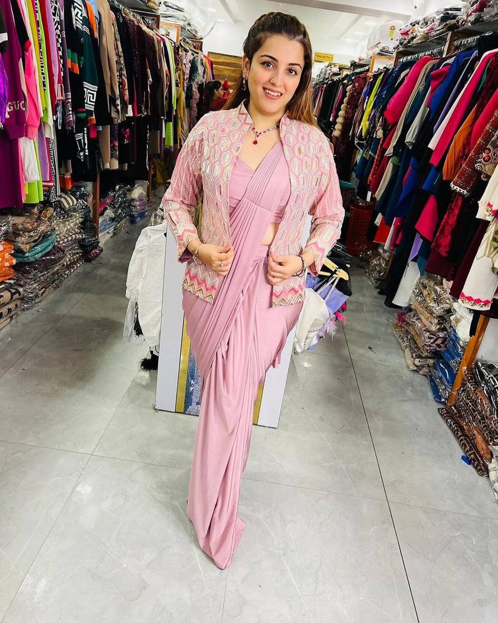 Celebrities Inspired Silk Ready Wear Saree Style Blouse With Long Koti ...