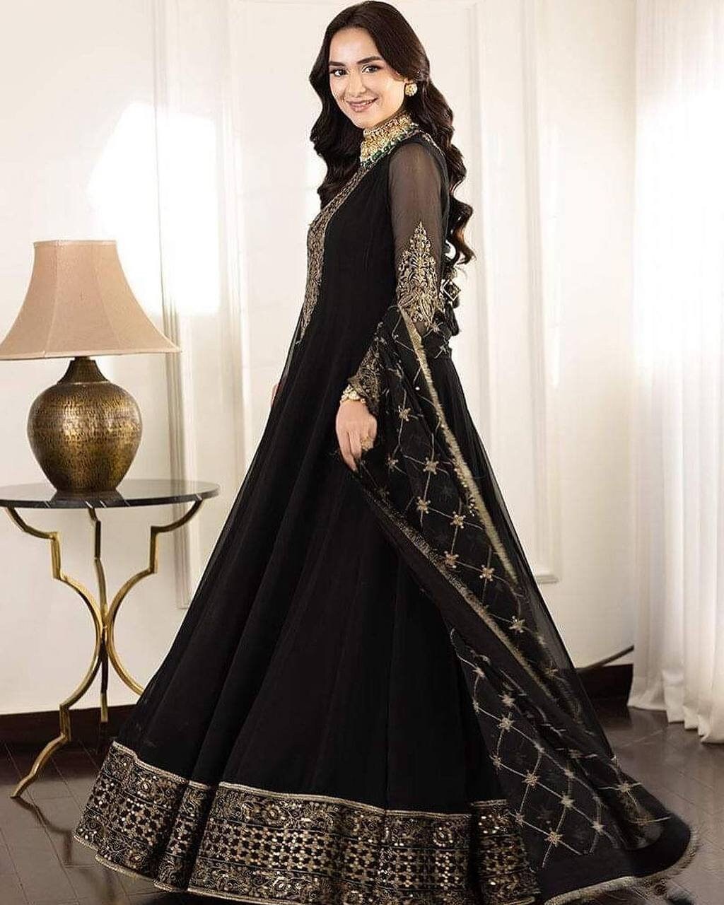 INDIAN Sequin Gown, Black Anarkali Readymade Flared Dress for Women USA ...
