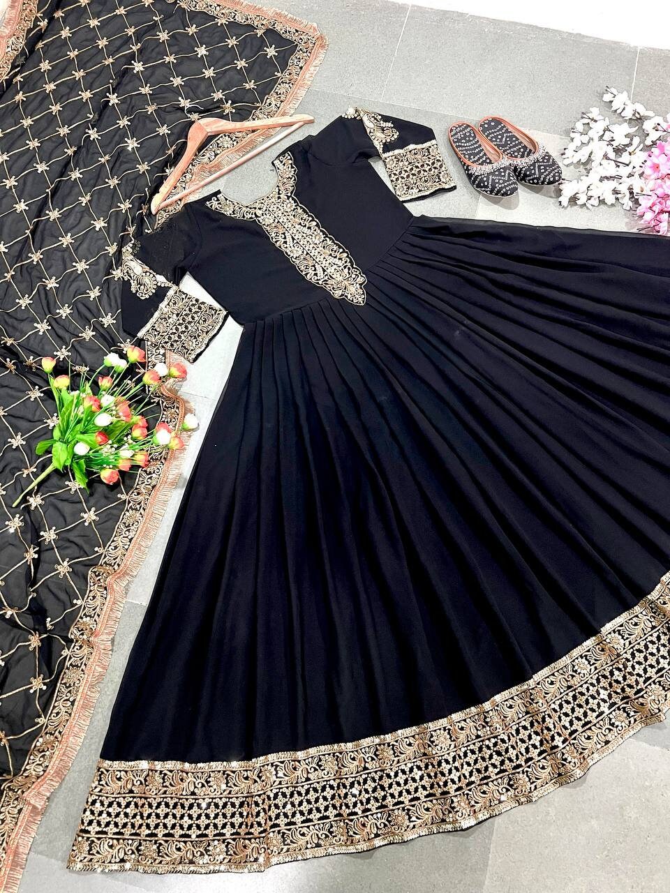 INDIAN Sequin Gown, Black Anarkali Readymade Flared Dress for Women USA ...