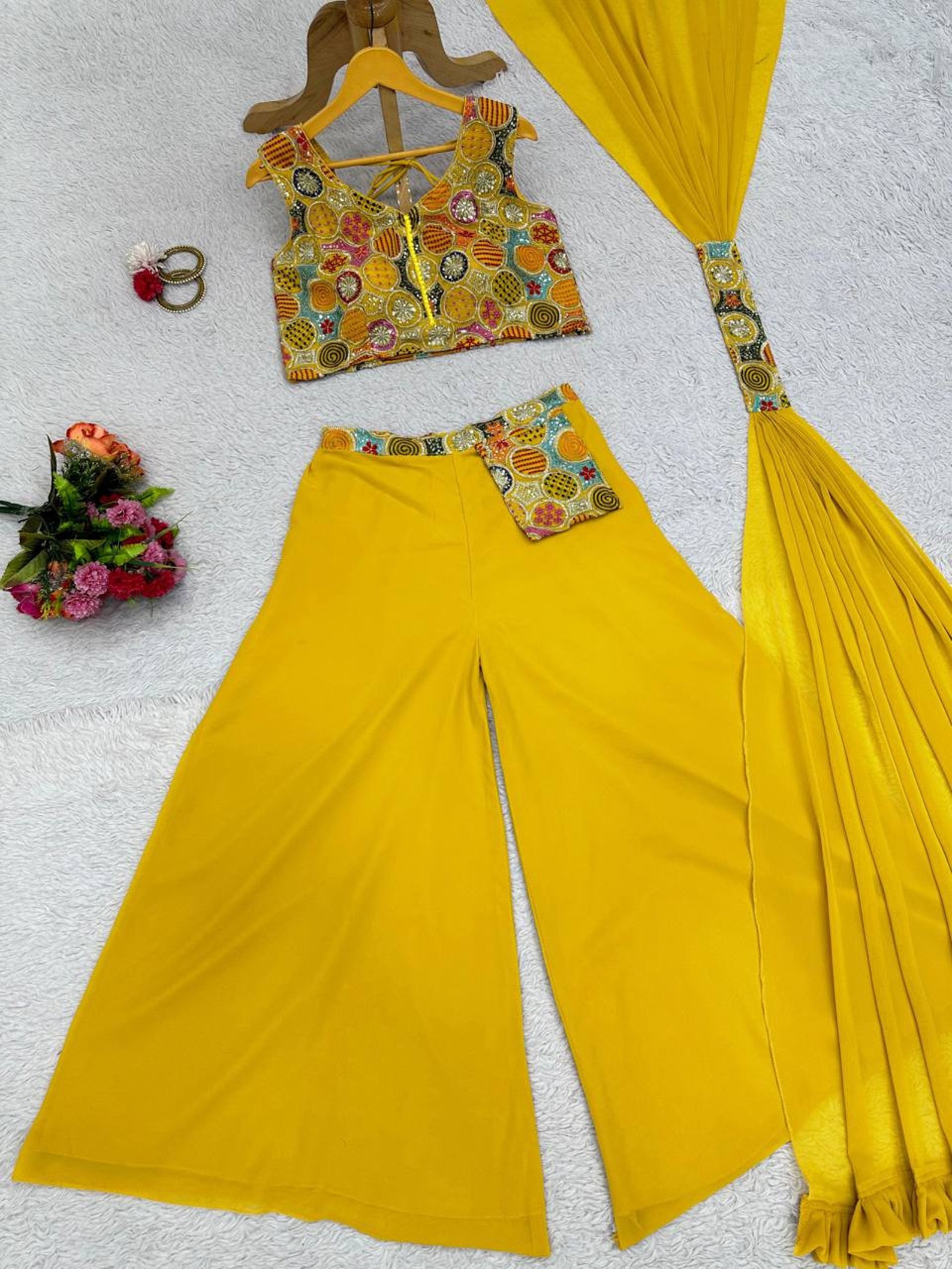 Haldi Yellow Heavy Work Blouse With Yellow Palazzo Set With Dupatta ...