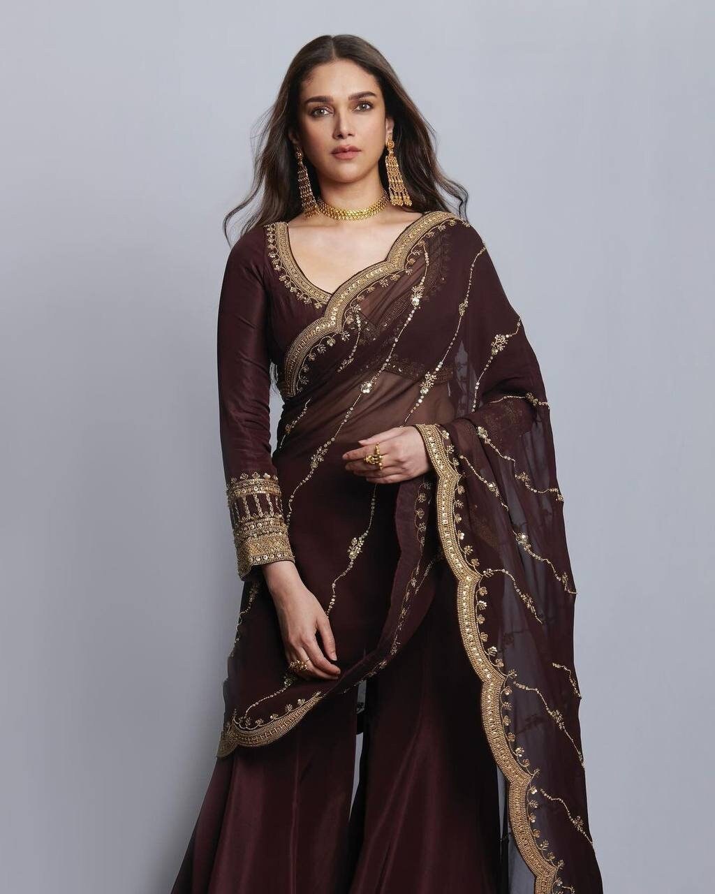 Indian Pre Drape Saree Style Partywear Embroidered Blouse With Palazzo ...