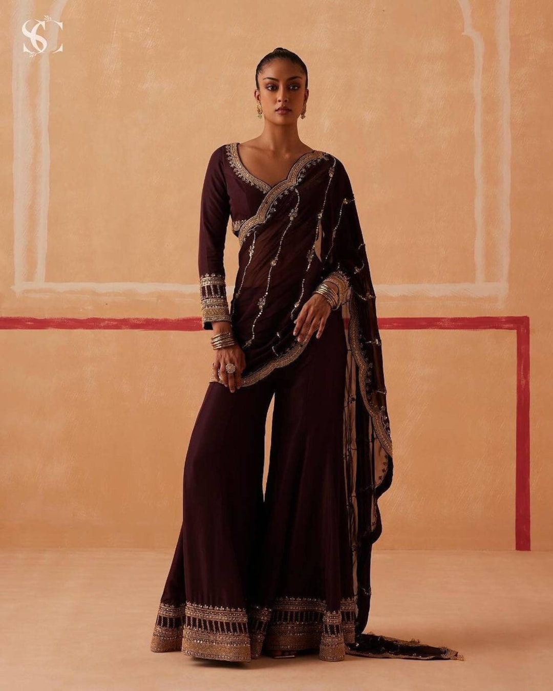 Indian Pre Drape Saree Style Partywear Embroidered Blouse With Palazzo ...