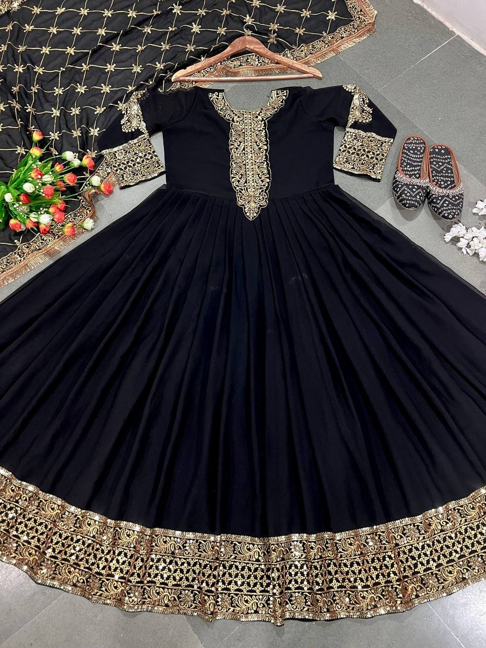 INDIAN Sequin Gown, Black Anarkali Readymade Flared Dress for Women USA ...