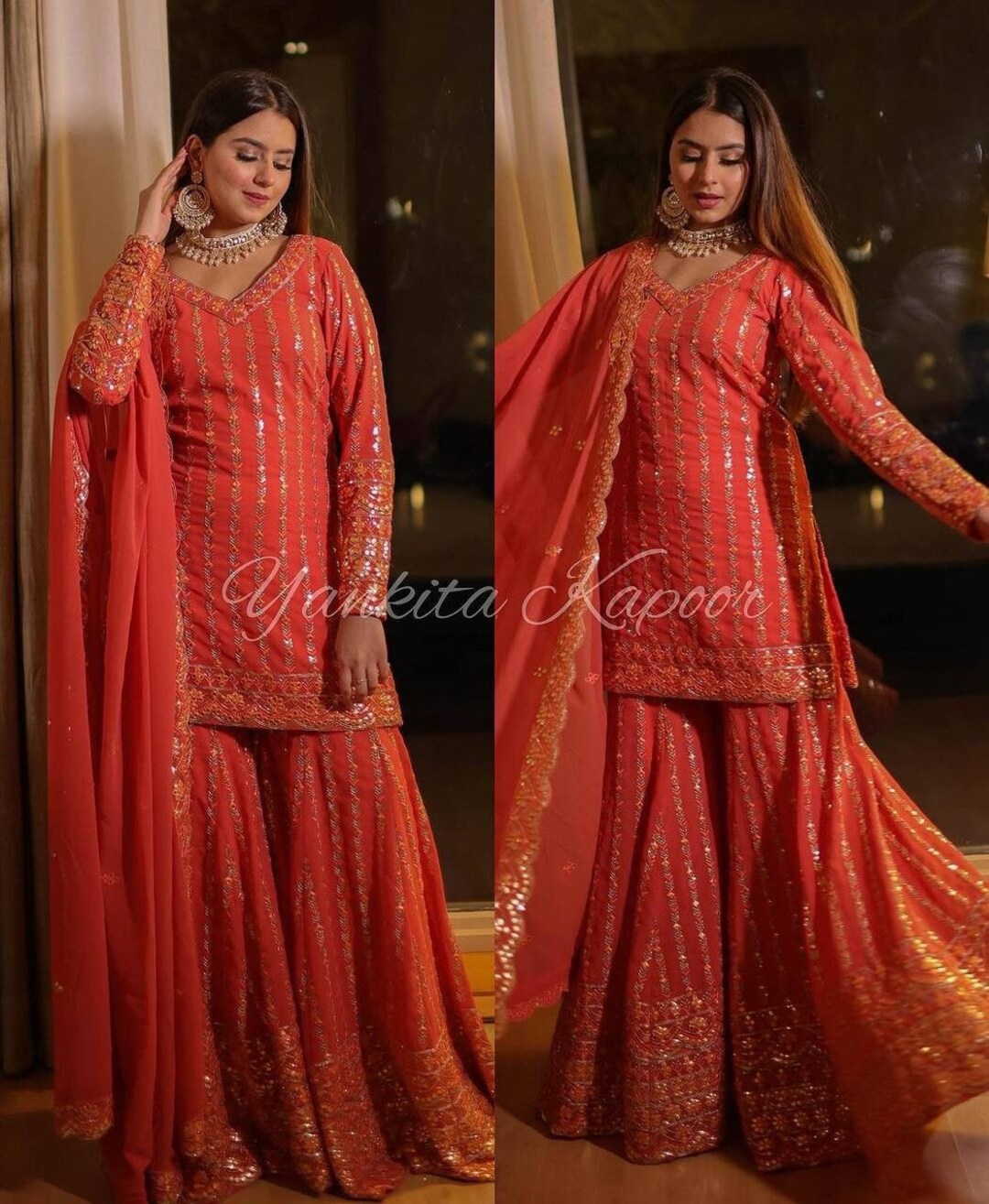 Red Sequin Sharara Gharara With Dupatta Set, Pakistan Islamic Nikkah ...