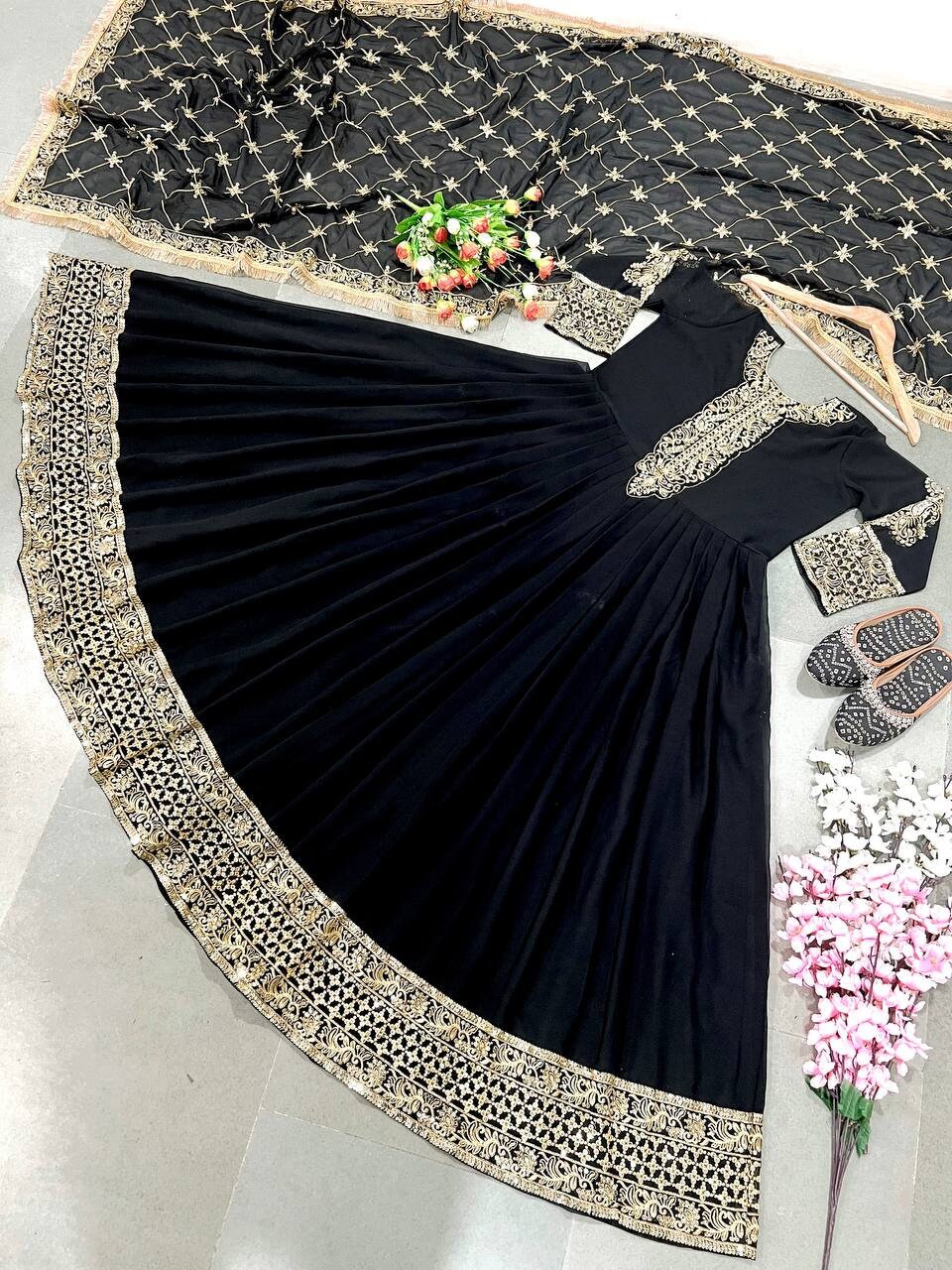 INDIAN Sequin Gown, Black Anarkali Readymade Flared Dress for Women USA ...