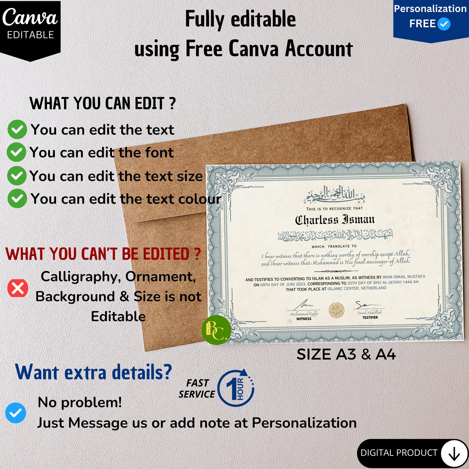 Islamic Conversion Certificate – Custom Digital Shahada Certificate for ...