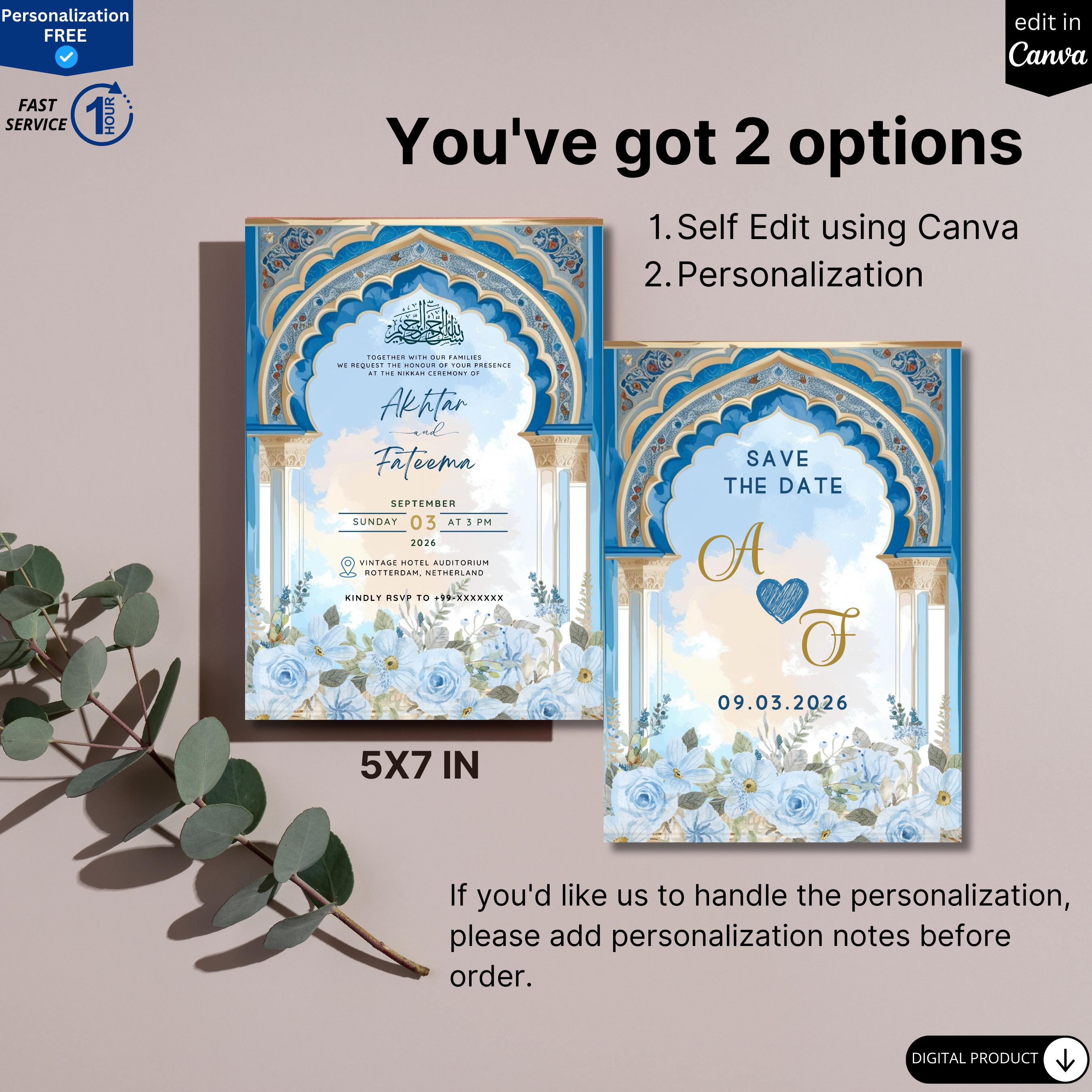 Blue Islamic Wedding Invitation Template: Elegant Nikkah Invite (canva ...