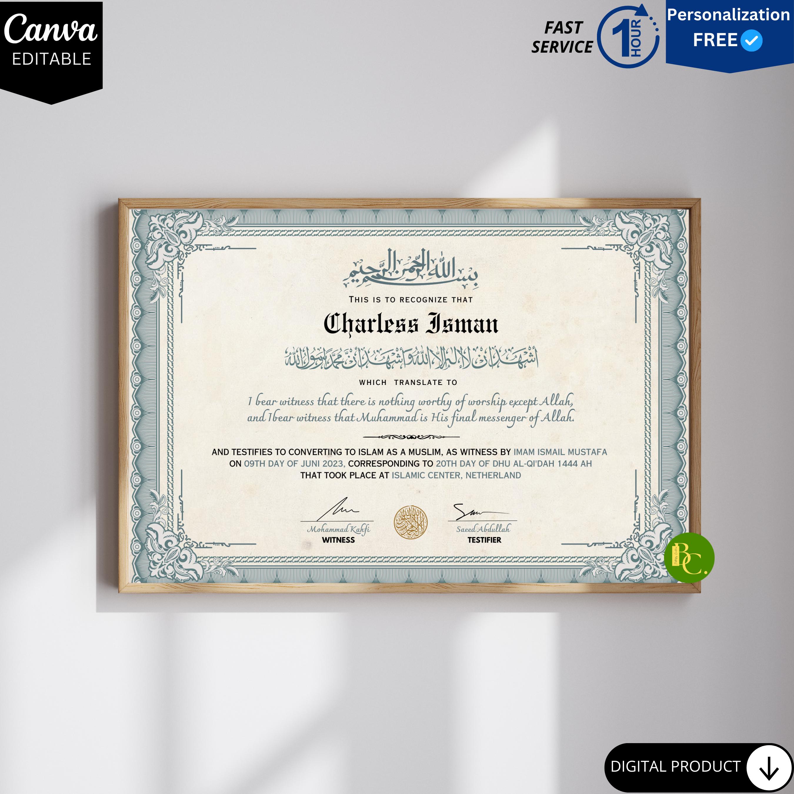 Islamic Conversion Certificate – Custom Digital Shahada Certificate for ...