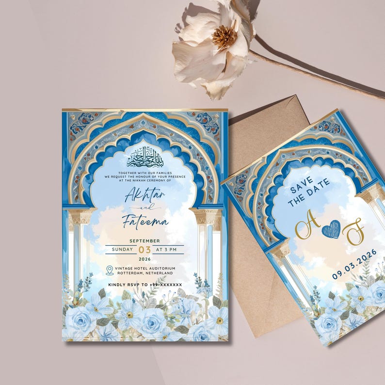 Blue Islamic Wedding Invitation Template: Elegant Nikkah Invite (canva ...