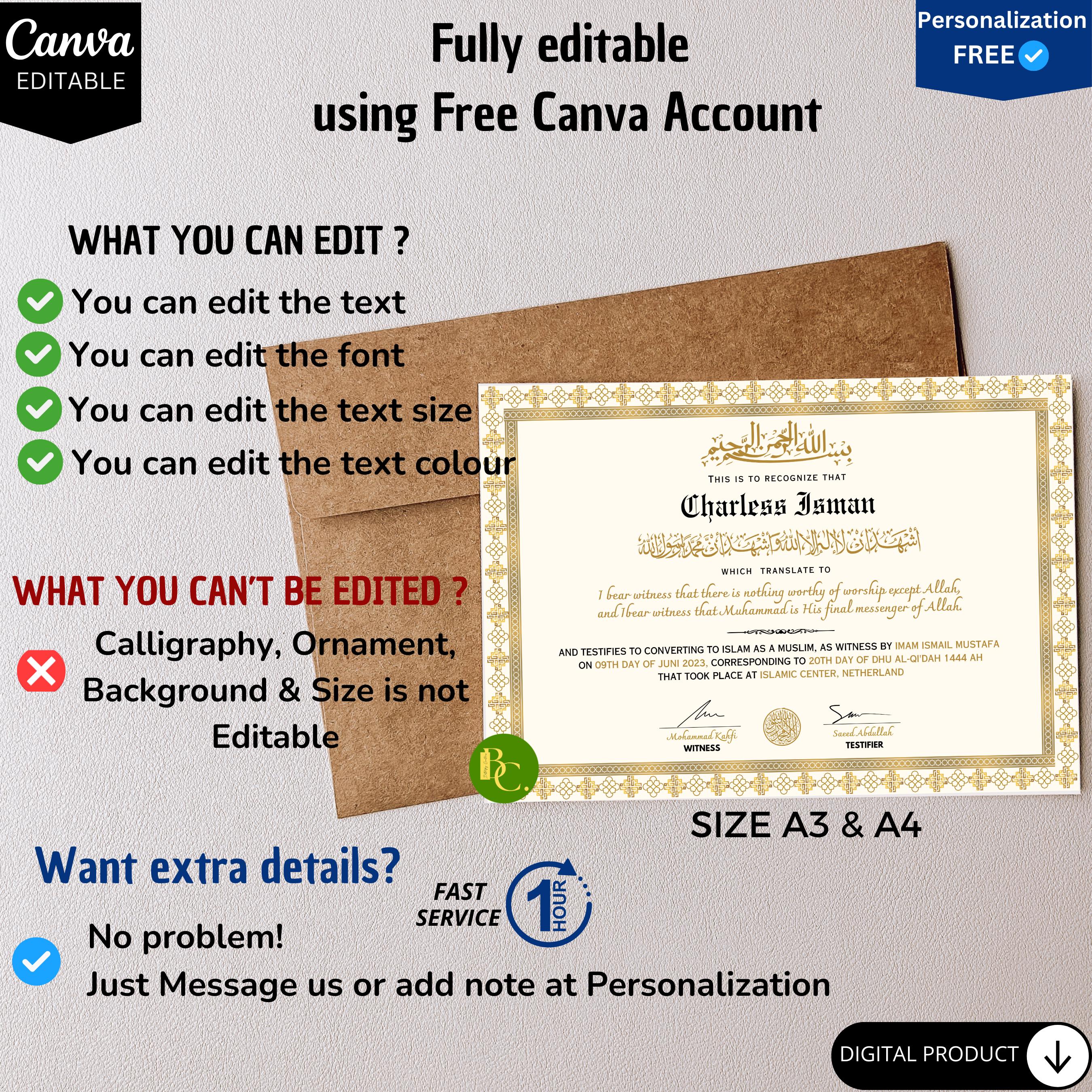Shahada Certificate Template, Muslim Conversion Certificate, Islamic ...